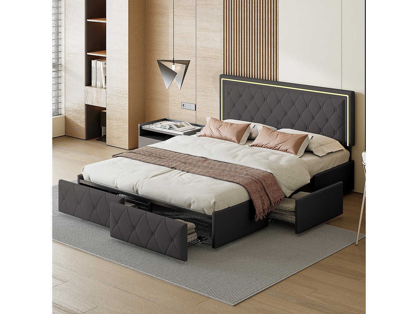 Lit 160x200cm avec LED tête de lit relevable, Lit capitonné avec 4 ...