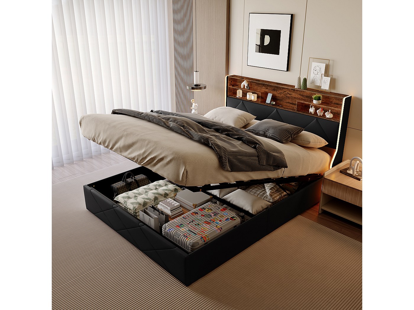 140 x 200 cm Bett mit Stauraum und Kopfteil mit Stauraum, USB-/Typ-C ...