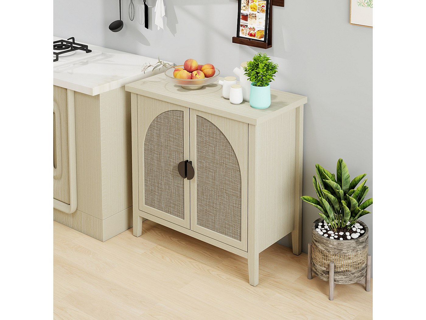 Buffet Salon, Meuble de Rangement avec 2 Portes Effet rotin et étagère ...
