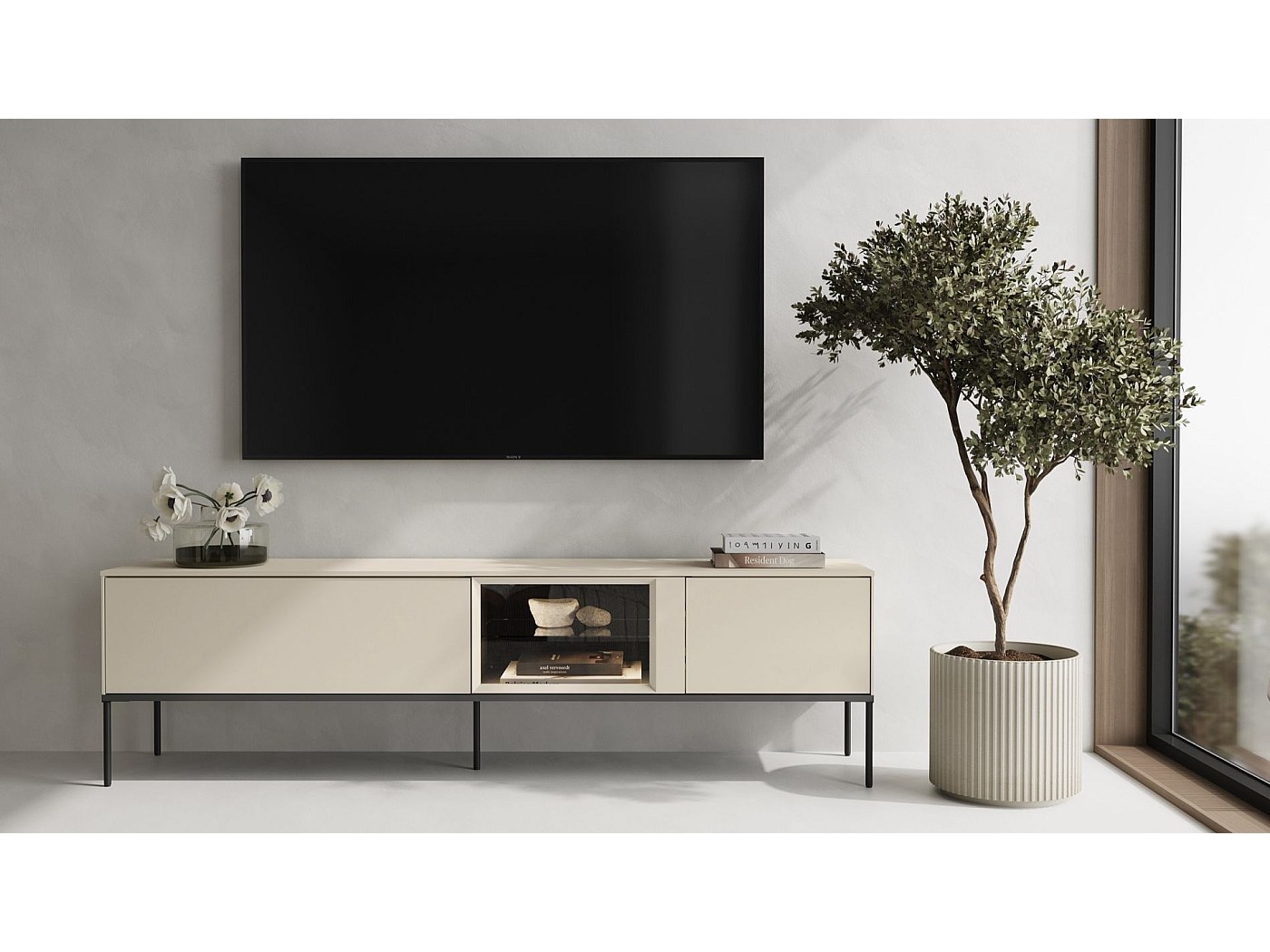 TV-lowboard met verlichte vitrinekast van glas – 196 cm – crème – BELLEZO