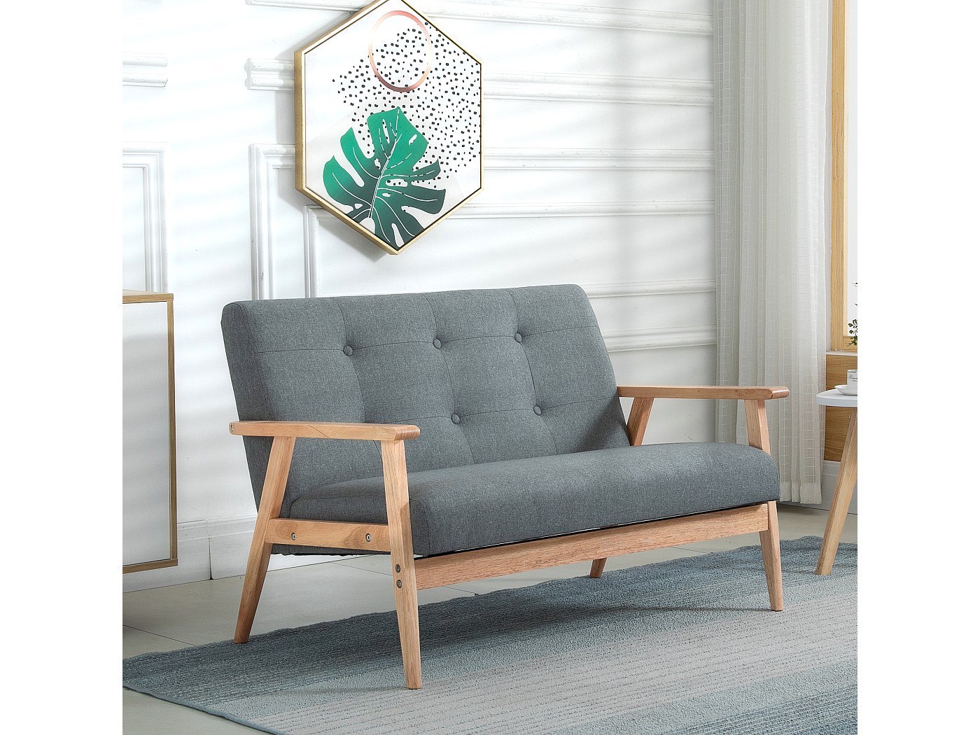 Canapé 2 places style scandinave dim. 115l x 66,5P x 73H cm bois tissu gris