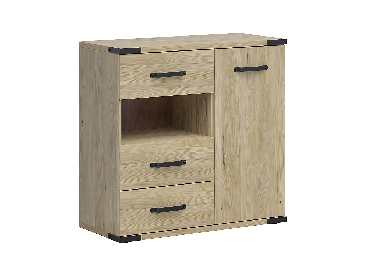 Commode 3 tiroirs 1 porte Dako Bois et Noir