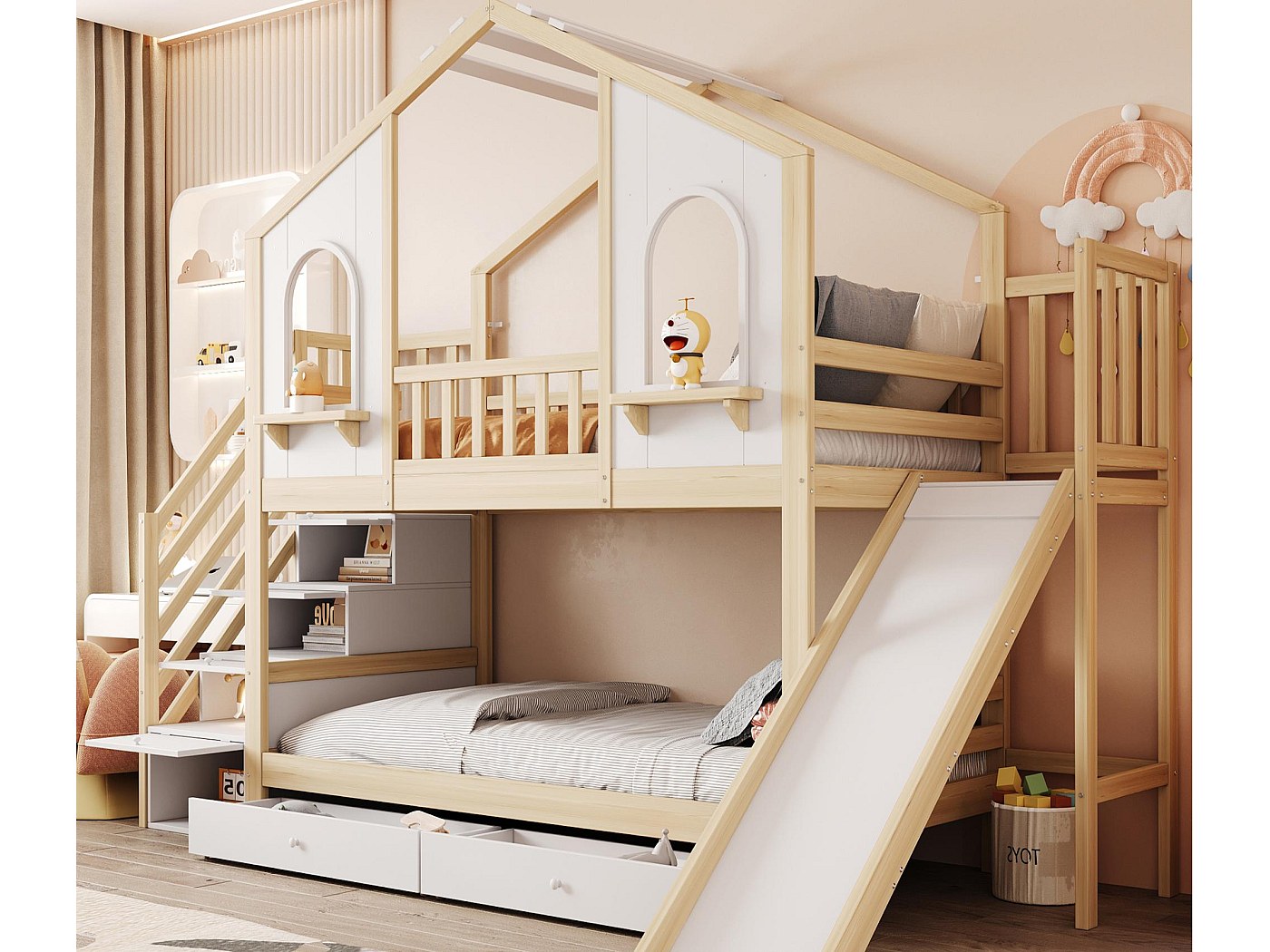 Letto a castello per bambini 90x200 cm - Design a casetta - con scala ...