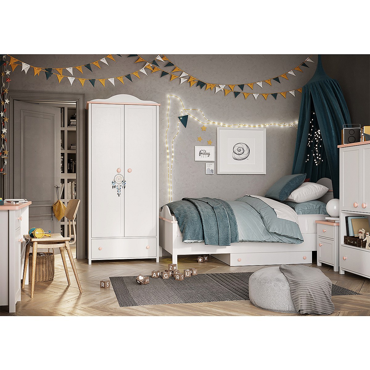 Lit 90x200 sommier et 1 matelas inclus Alissa Blanc et Rose