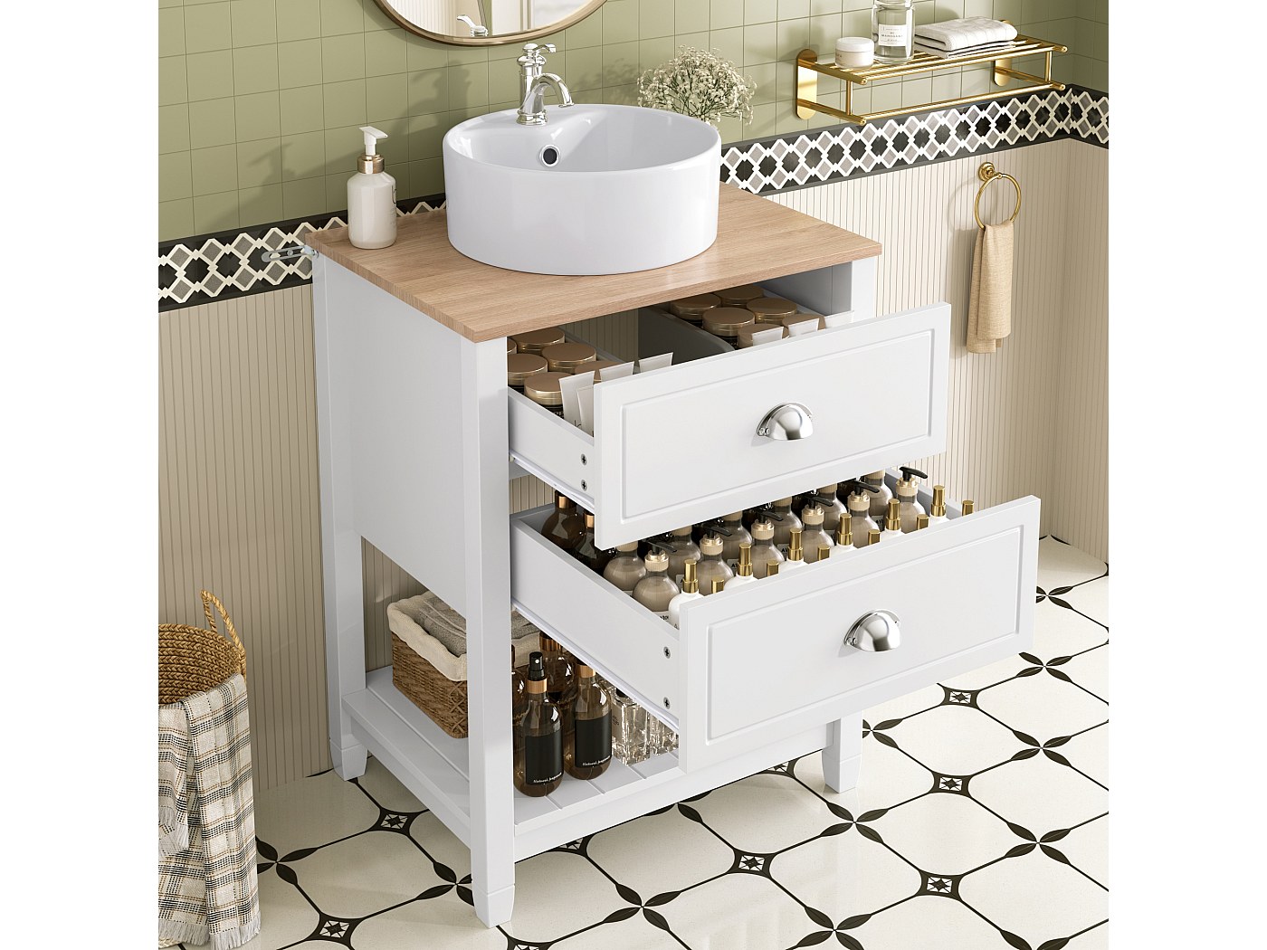 Badezimmer-Waschtisch mit Keramikwaschbecken – 60 x 45 x 91 cm – mit 2 ...