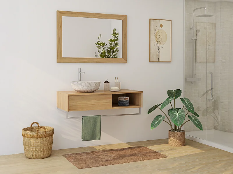 Mobile bagno sospeso in teak con singolo lavabo in pietra color crema ...