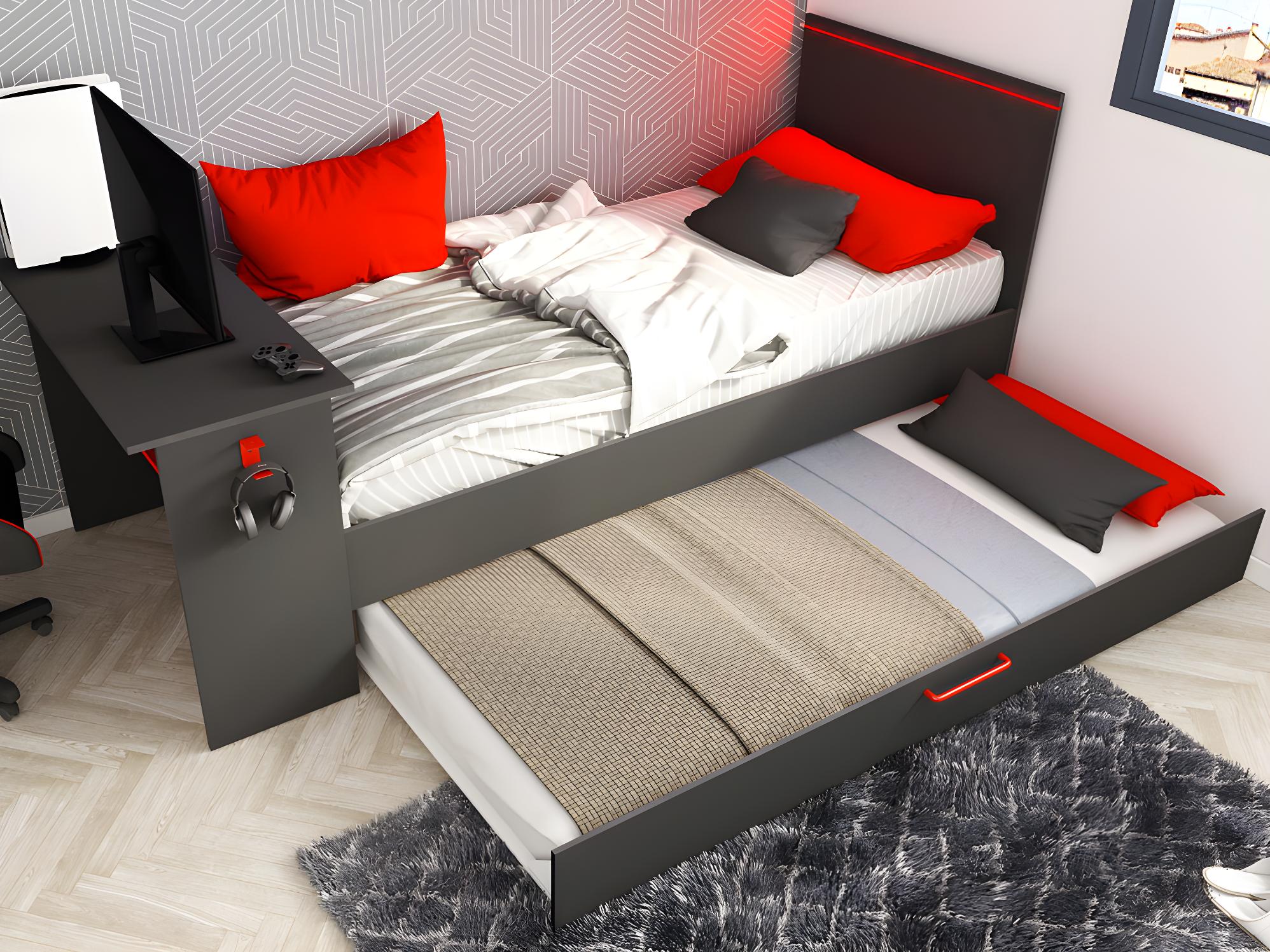 Lit Gigogne Gamer 90 X 200 Et 90 X 190 Cm Bureau LEDs Anthracite Et