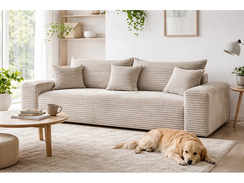Sofa narożna z łóżkiem i pojemnikiem Cordo w beżowym aksamicie 265 cm ...