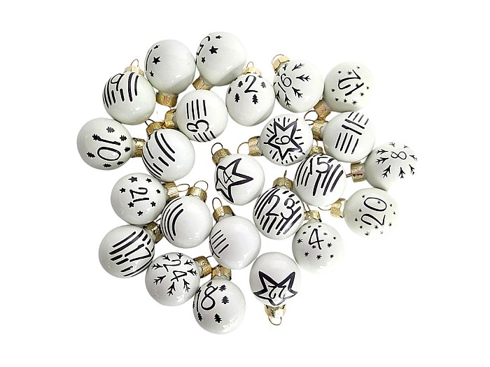 Coffret 24 mini boules de noël numérotées en verre blanc - Neve 6007