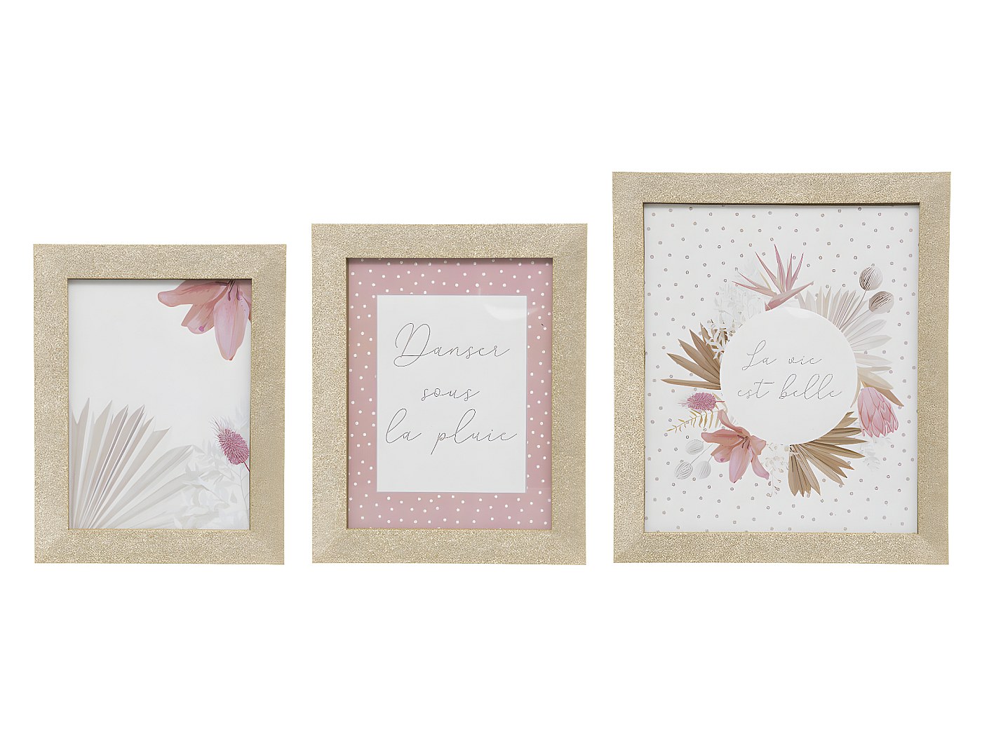 Lot de 3 Cadres Photos en Bois doré pailleté et Verre