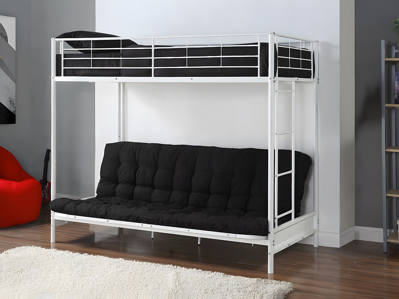 Letto a soppalco 90 x 190 cm Metallo Bianco con divano letto + Futon ...