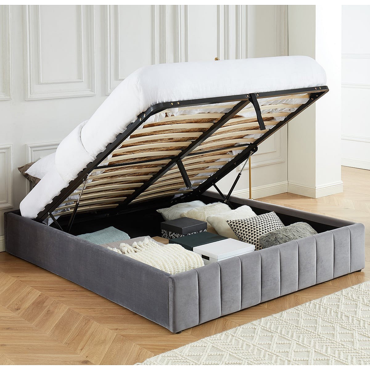 Lit coffre 160x200cm en velours gris anthracite + sommier relevable à ...