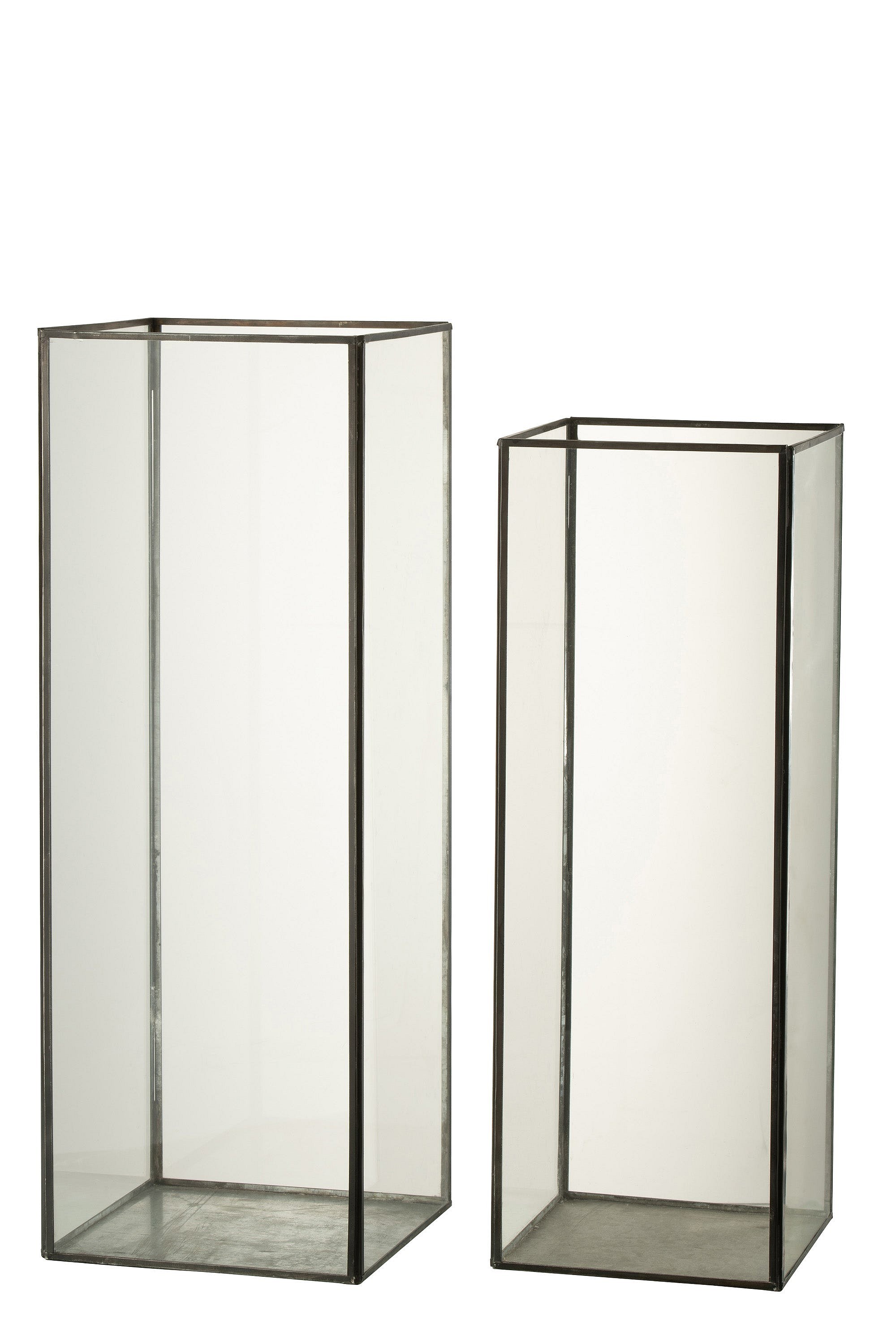 Set de deux photophore rectangle verre/metal noir H. 59cm