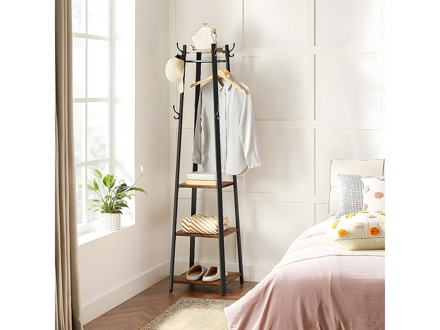 Perchero con estantes de 3 niveles, ganchos y barras - H180 cm