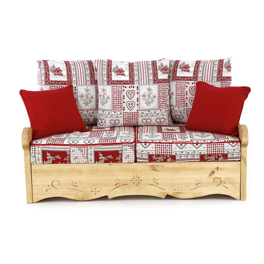 Canapé 2 places avec coffre pin massif sculpté Vanoise rouge Dahu