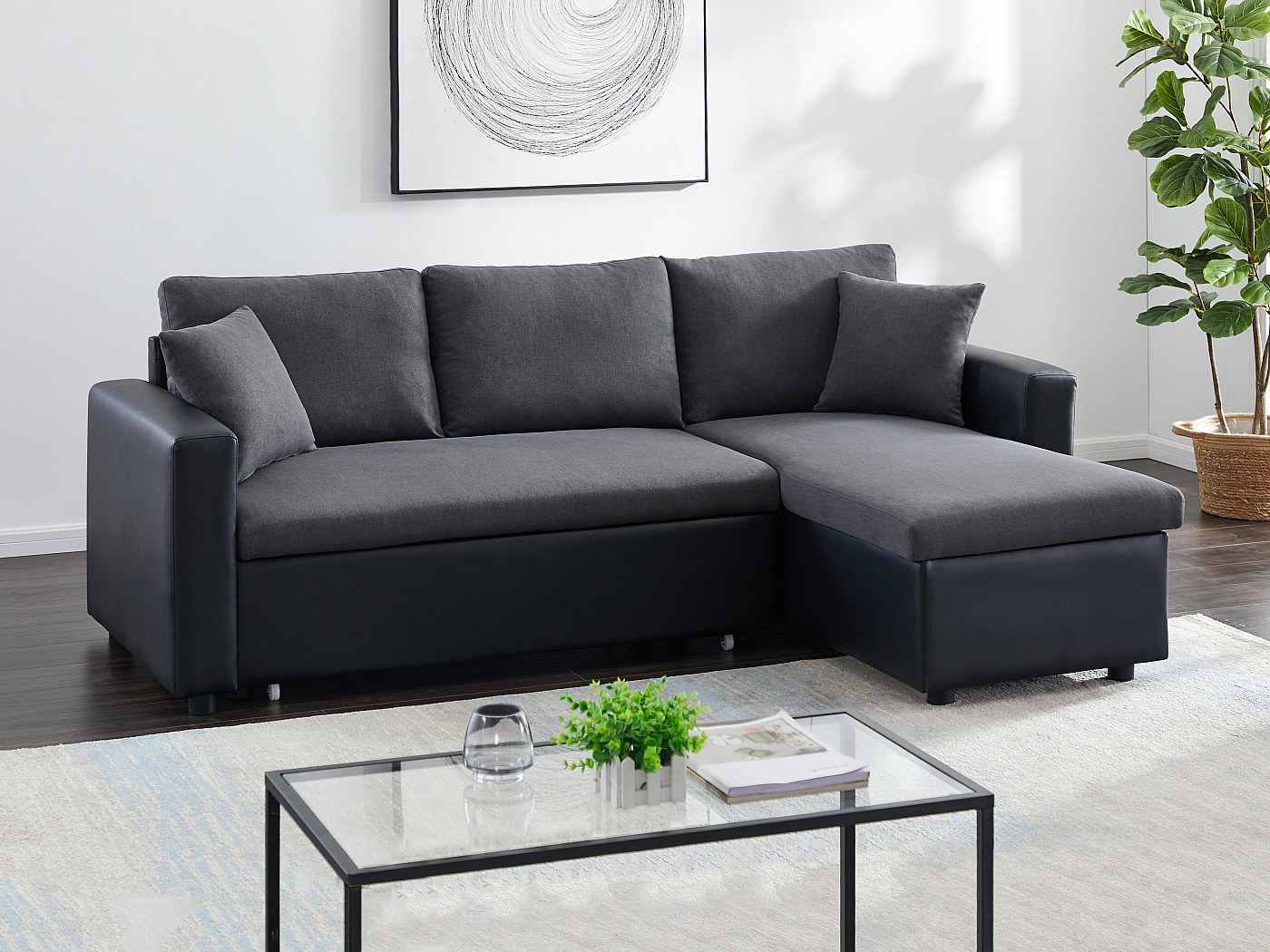 Divano letto angolare reversibile in Tessuto Antracite e Similpelle ...