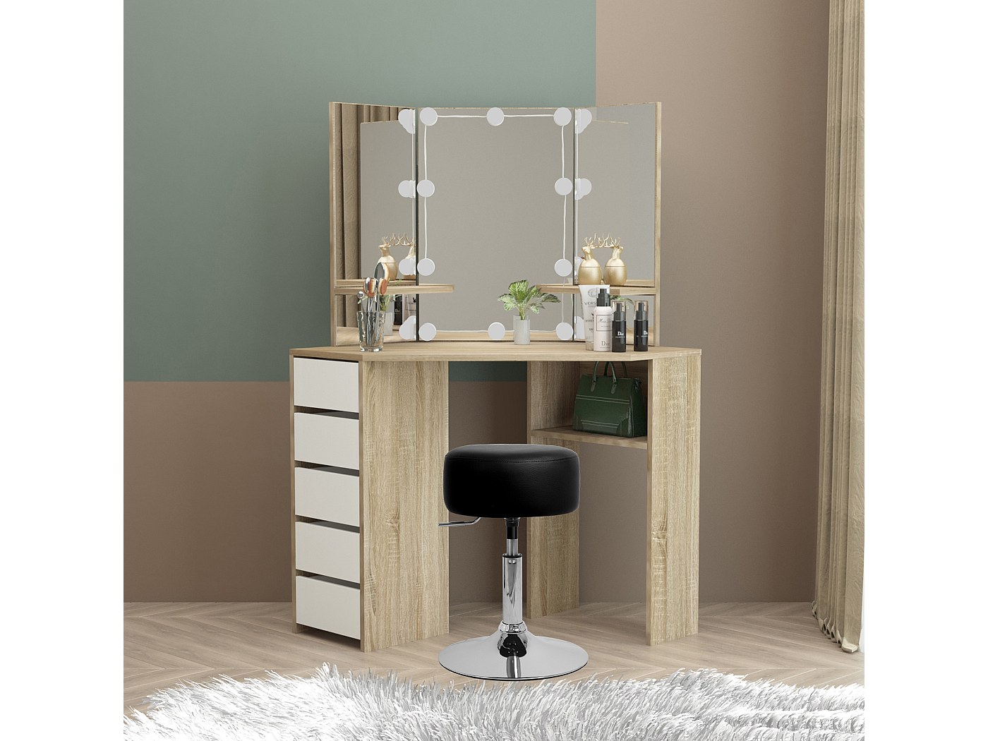 Table de maquillage en MDF sonoma coiffeuse avec miroirs et LEDs ...