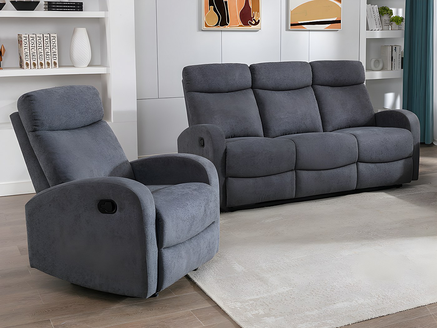 Sofá de 3 plazas y sillón relax de tela gris estilo contemporáneo EVELYN