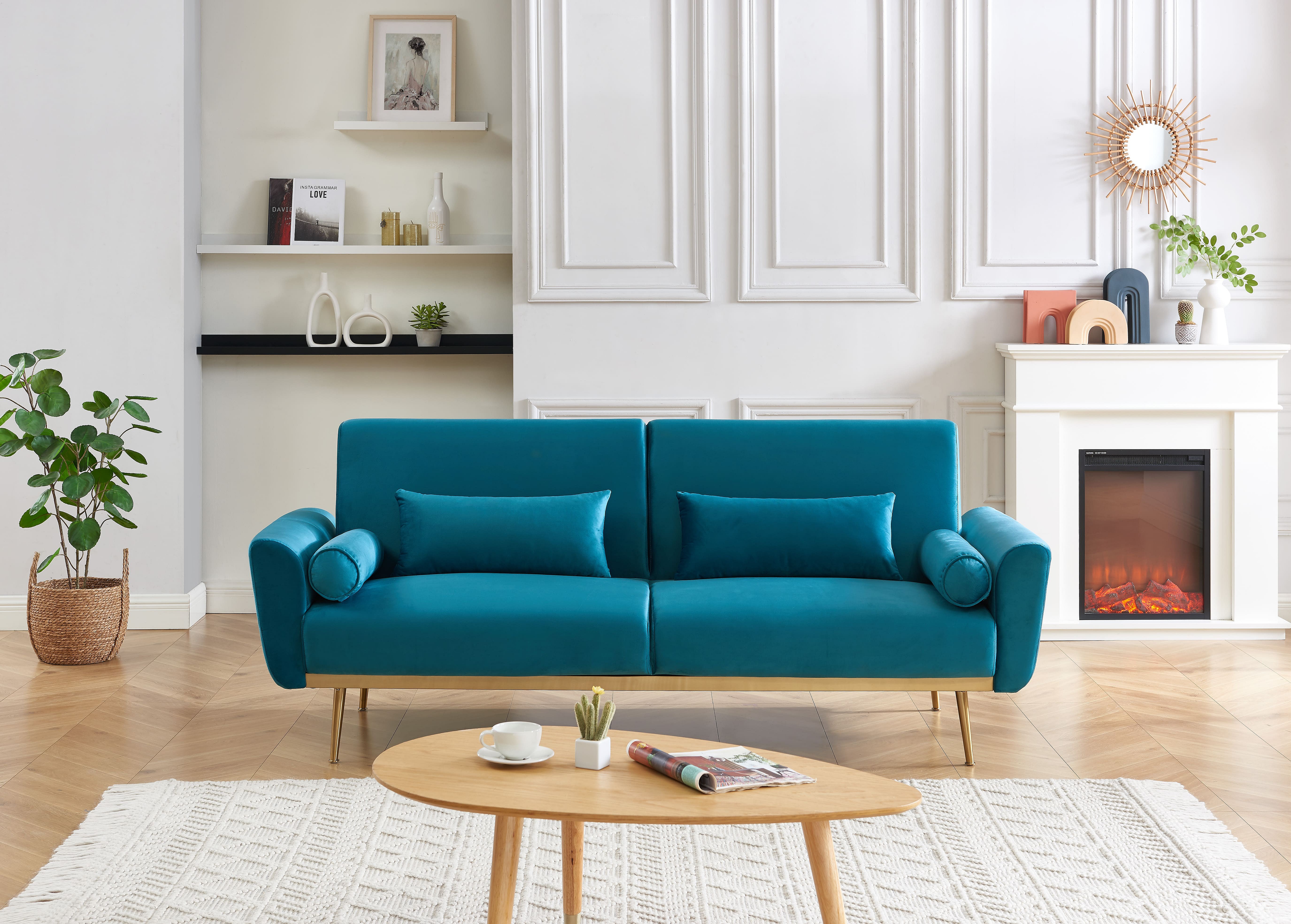 Canapé droit COLETTE en velours bleu canard avec fonction convertible