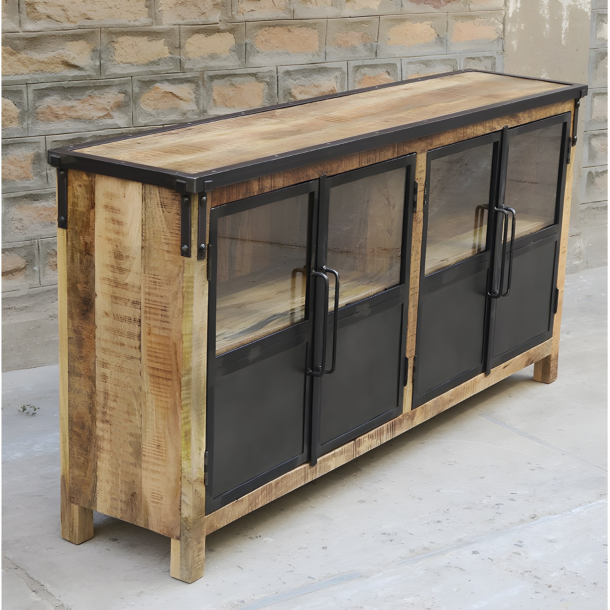 Buffet 4 portes en bois massif et métal - Naturel