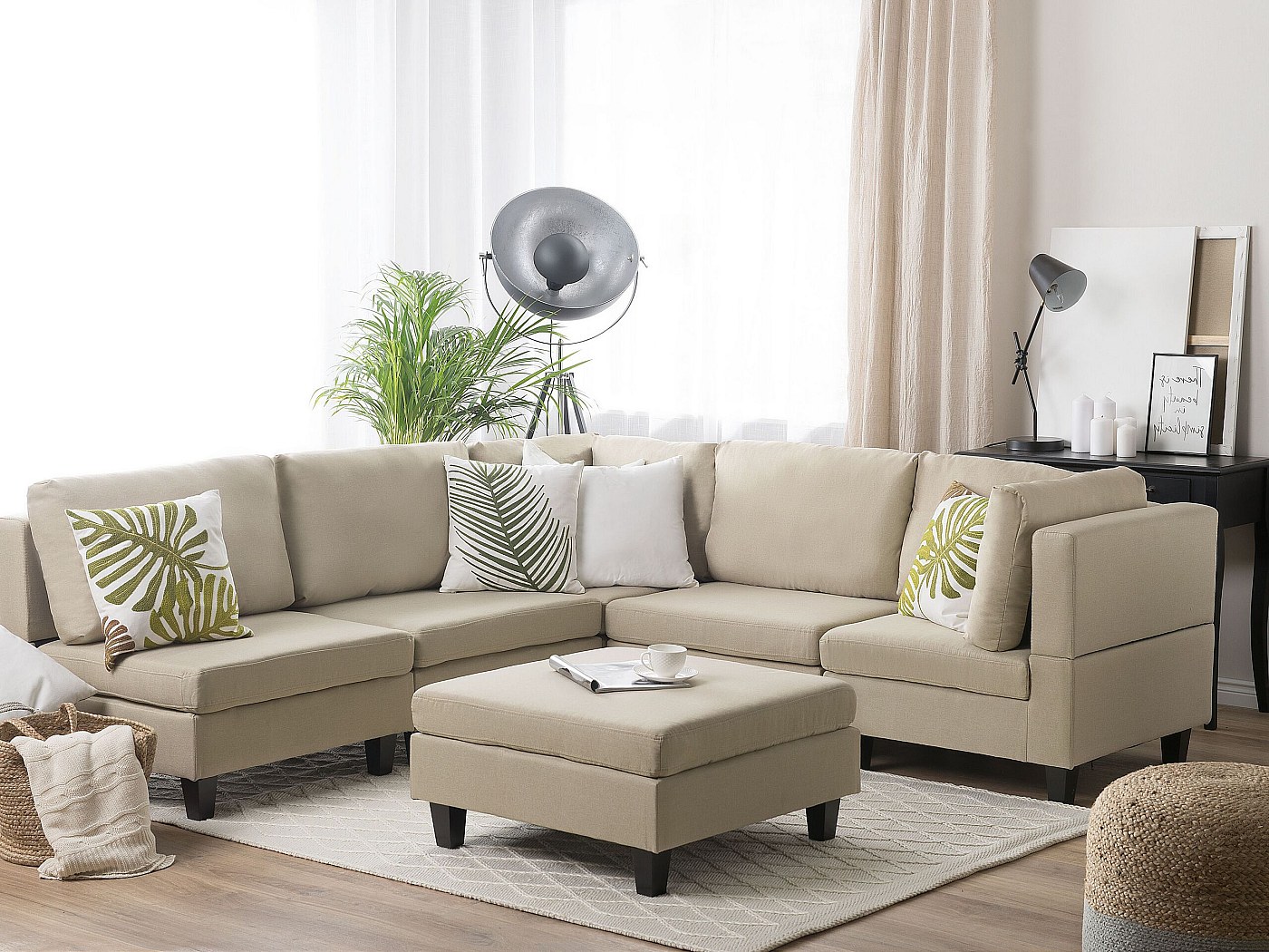 Divano ad angolo 5 posti con ottomana tessuto beige destro FEVIK