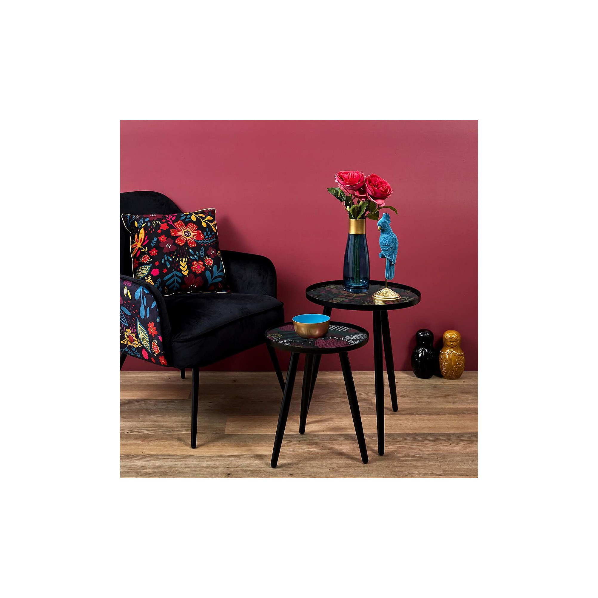 FRIDA - Tables Gigognes Noires et Motifs Fleuris