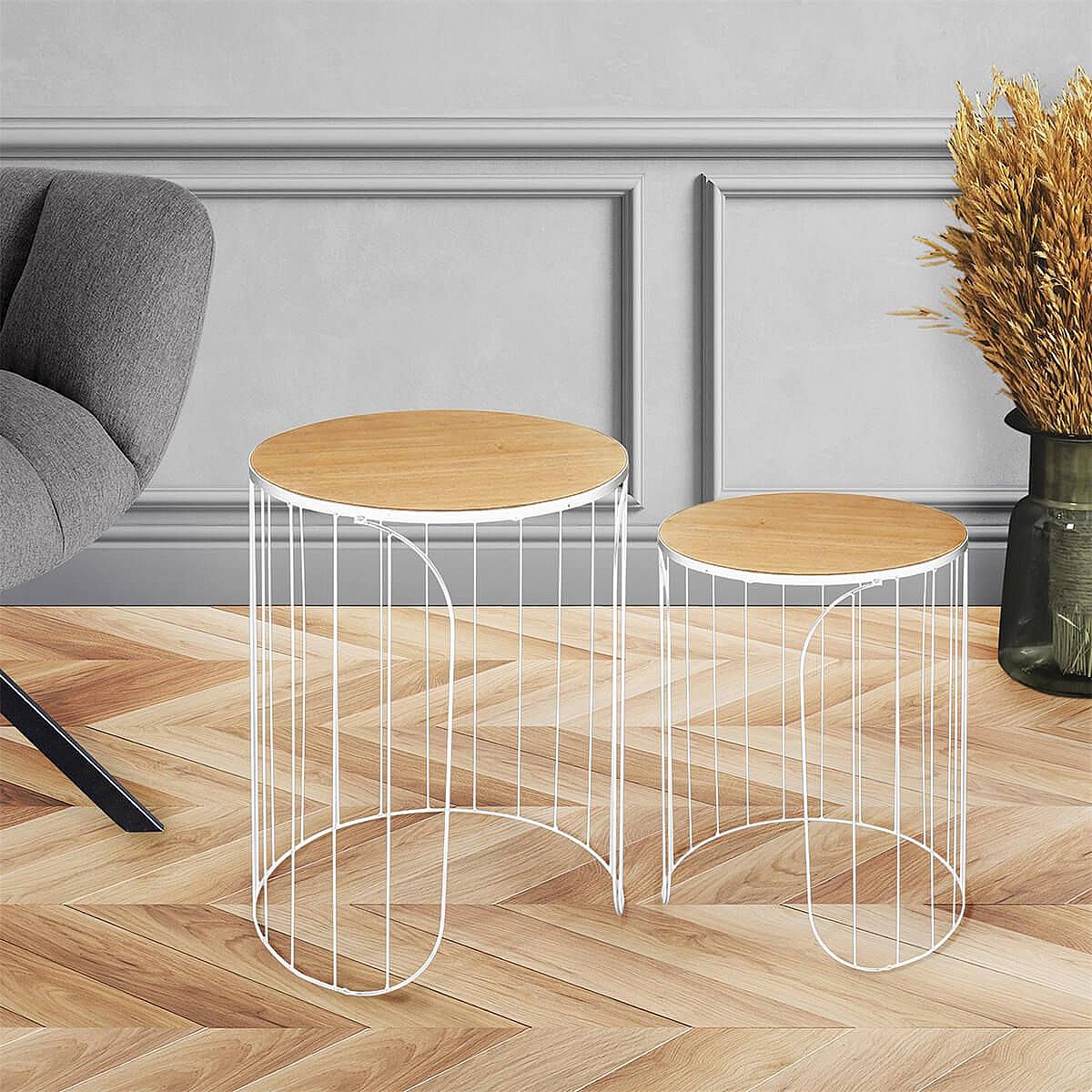 SILENN - Tables Gigognes Filaires Métal Blanc et Aspect Bois