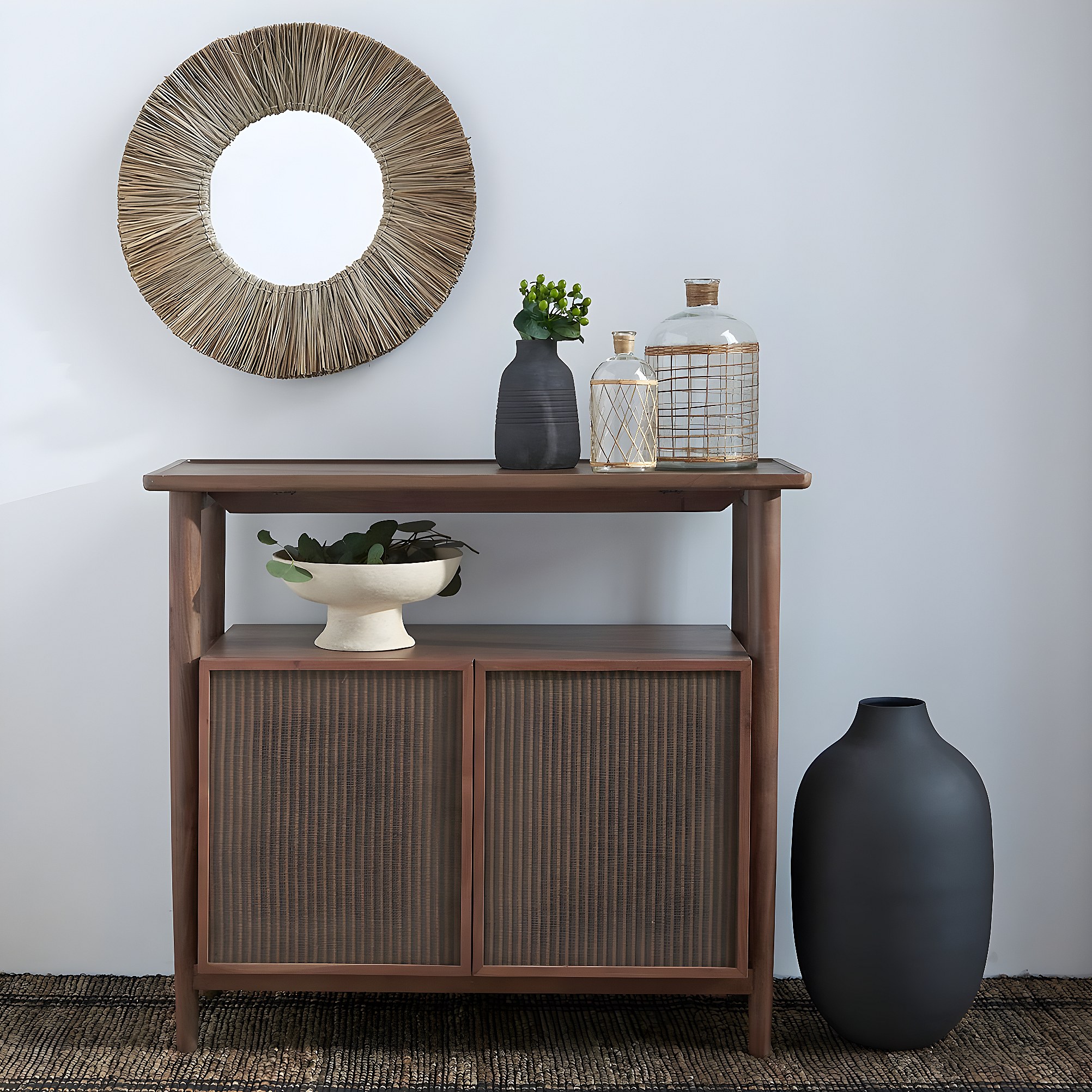 Buffet en acacia massif teinté noyer et tatami Koben