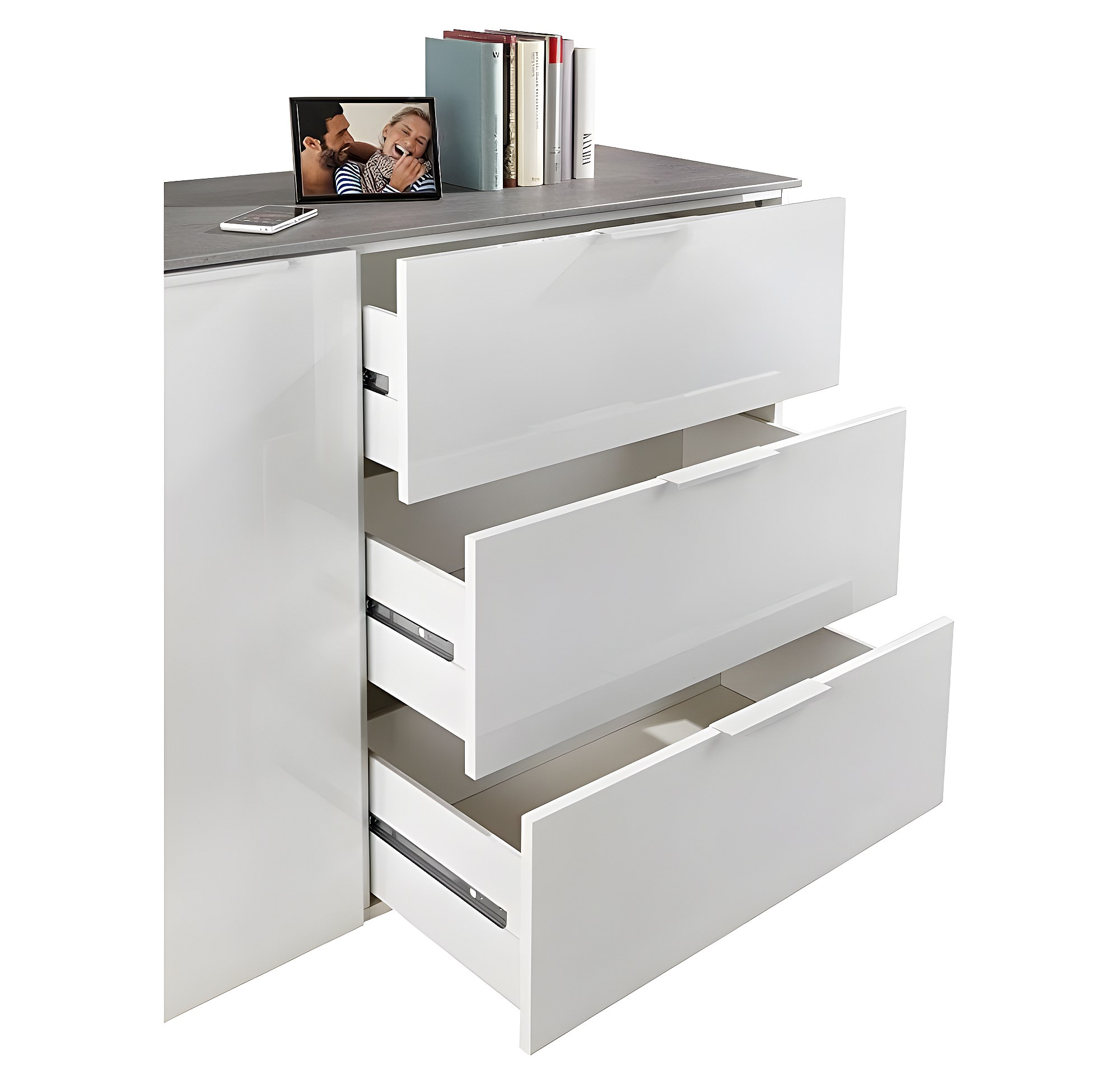 Commode 1 porte 3 tiroirs blanc et décor béton - GAELLE