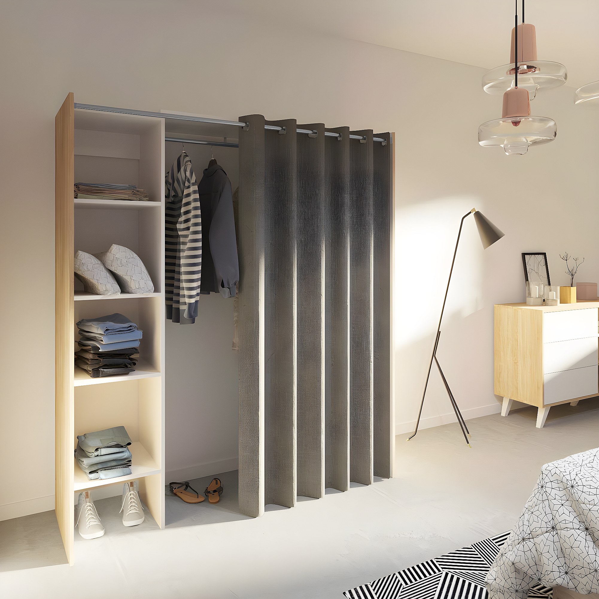 Dressing TOM une colonne - chêne naturel et rideau taupe - SYMBIOSIS