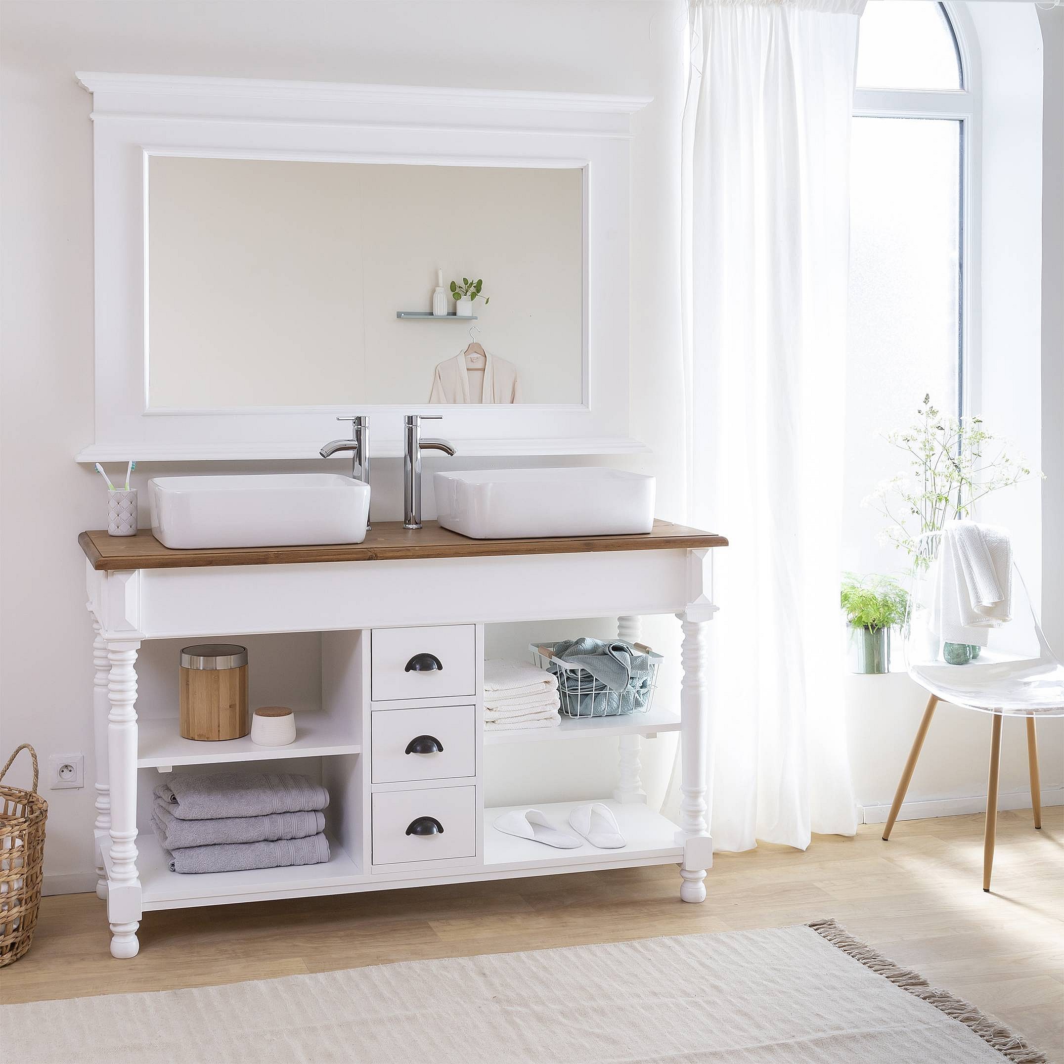 Meuble sous vasque en bois massif blanc Manel 150cm