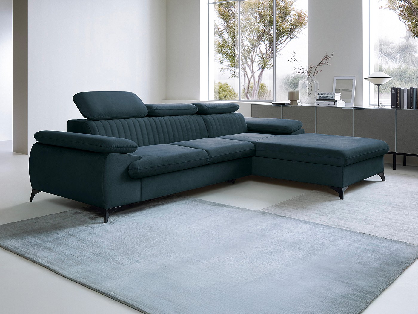Canapé d'angle droit convertible en velours bleu ciel SAMARA