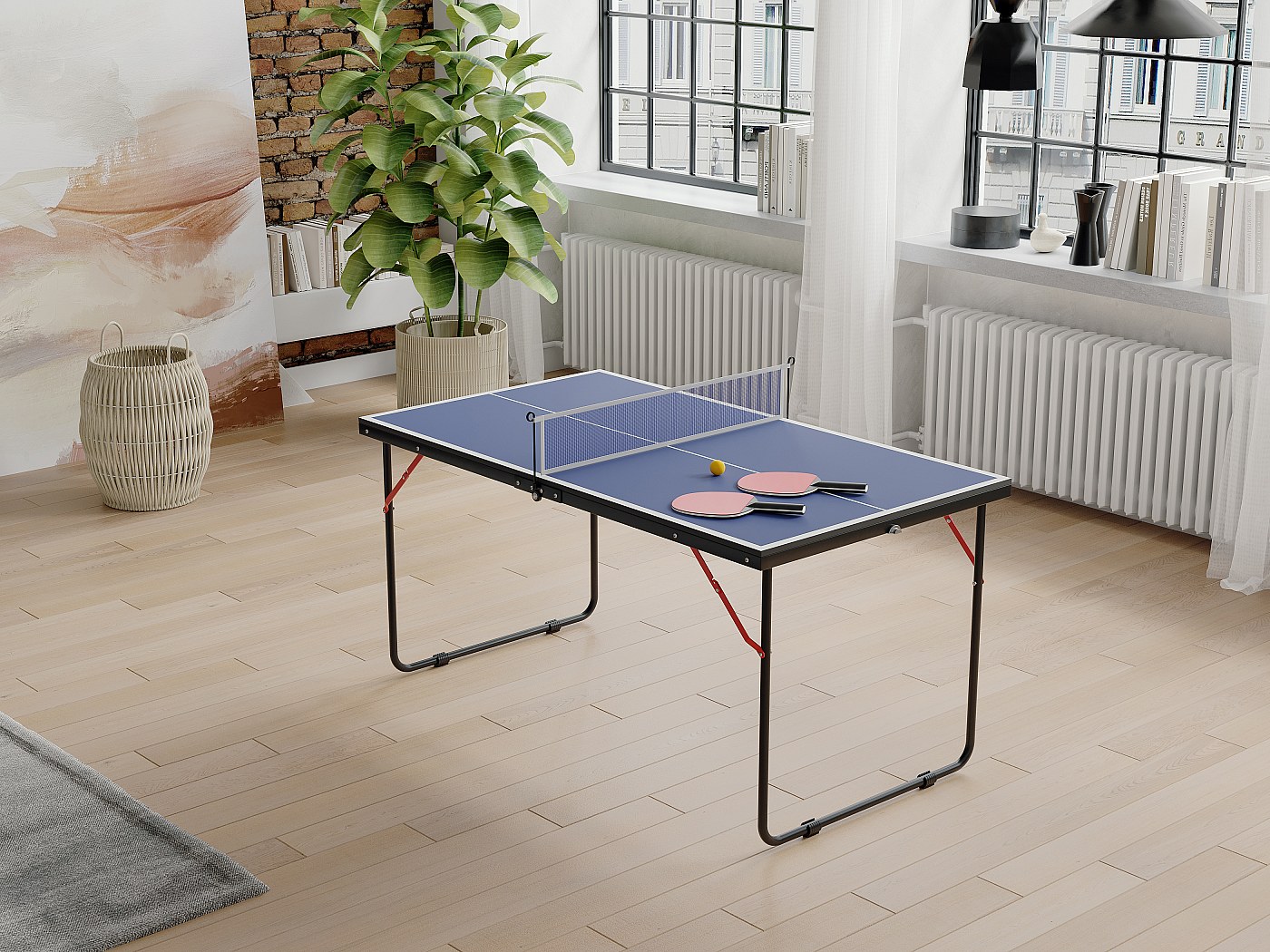 Mini tavolo da ping pong blu, con racchette, palline e rete, L137 x H67 ...
