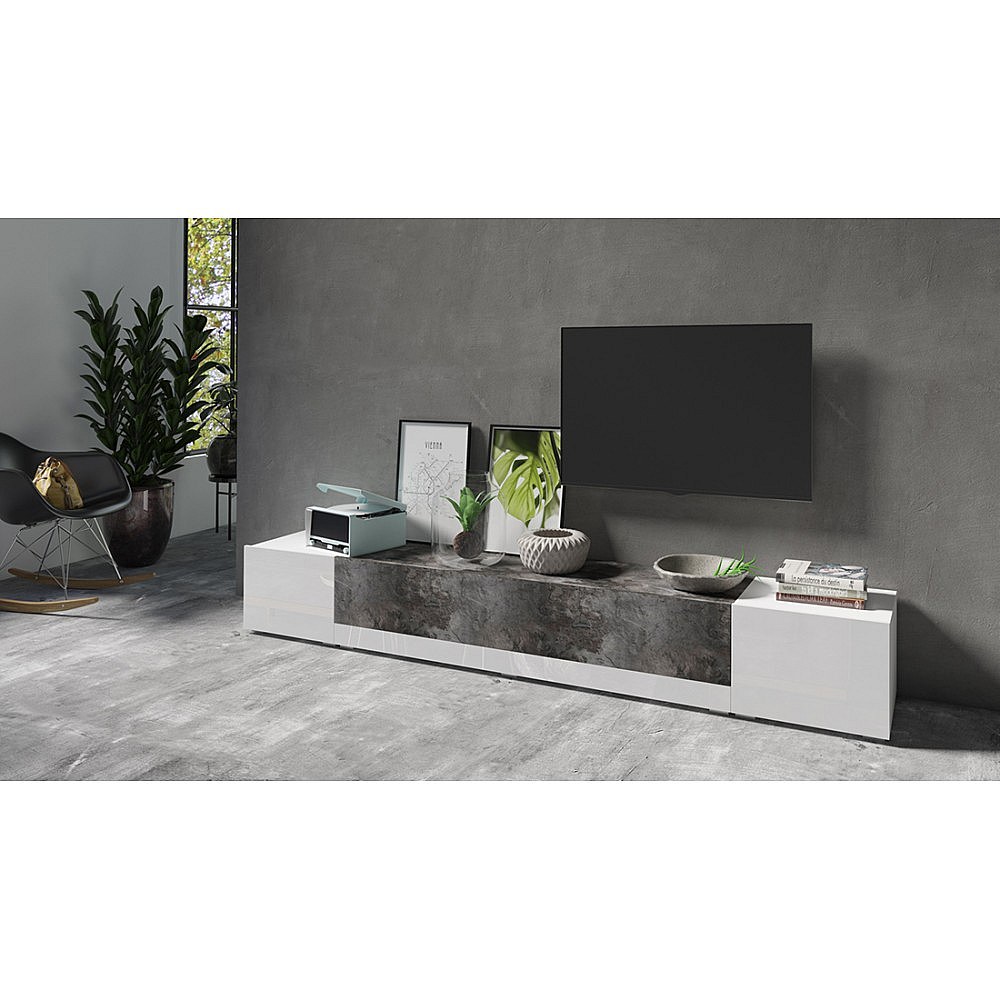 Meuble TV XL 240cm collection RIGA. Couleur blanc et ardoise.