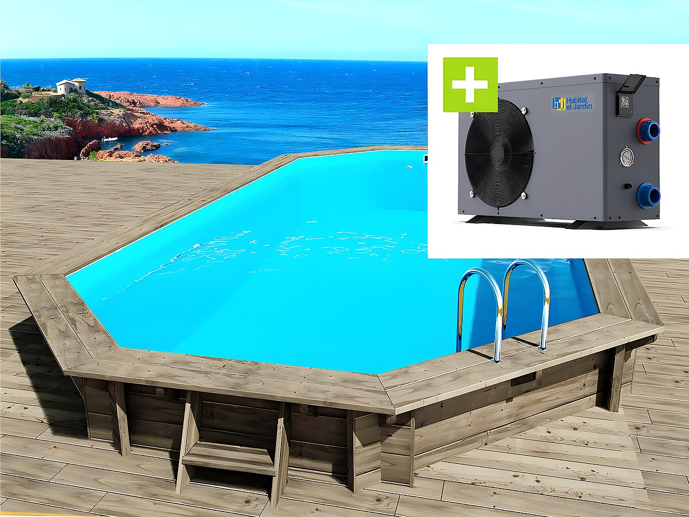 Holzpool "Cancun" - 6.53 x 4.41 x 1.45 m + Wärmepumpe - Leistung 6.1 kW