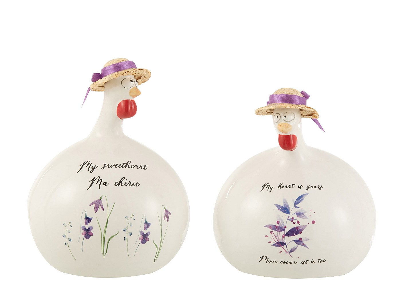 Poule dictons + chapeau céramique blanc/mauve x2 h. 22,5 cm