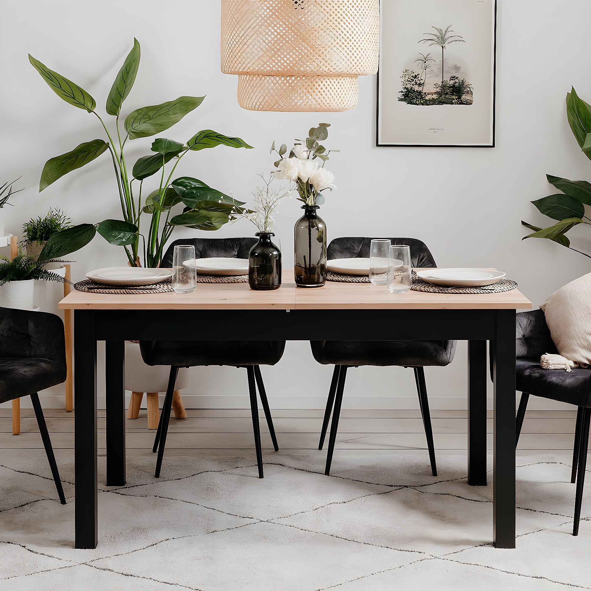 Table à manger extensible 80/120 cm effet chêne, piètement noir - Santa