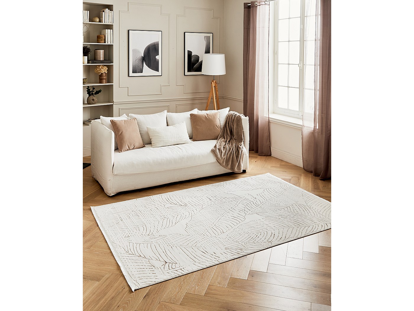 Tapis salon moderne à motif feuille crème - 160x230 cm