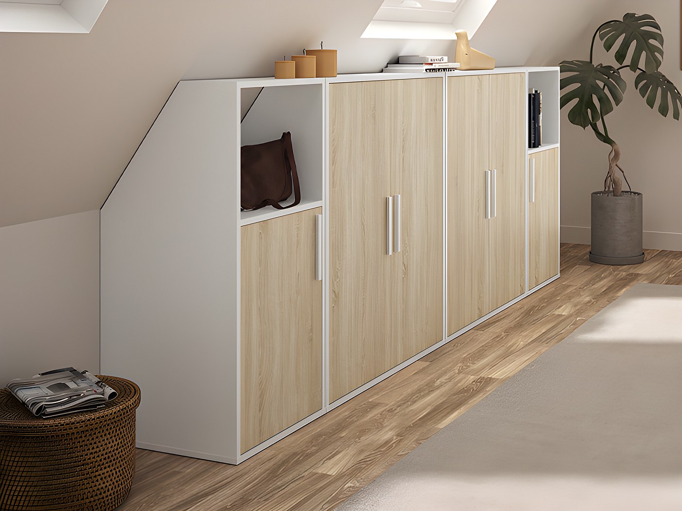 Mobile per mansarda 6 ante e 2 nicchie Bianco e Naturale ADEZIO