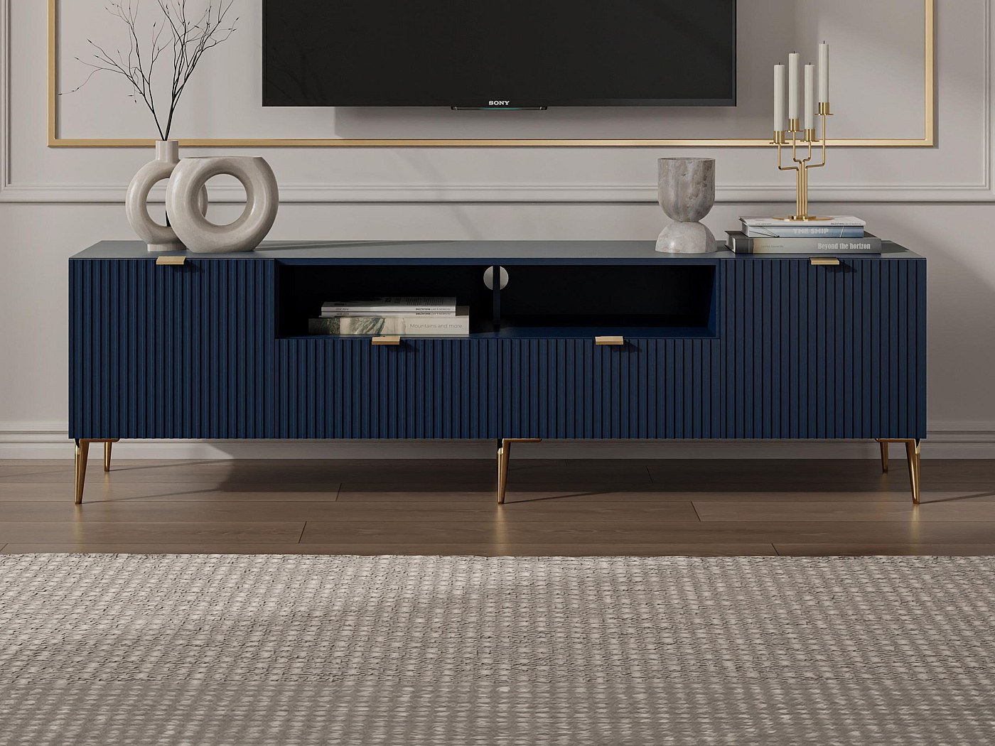 Mueble TV con 2 puertas, 2 cajones y 2 estantes de MDF y acero - Azul y ...