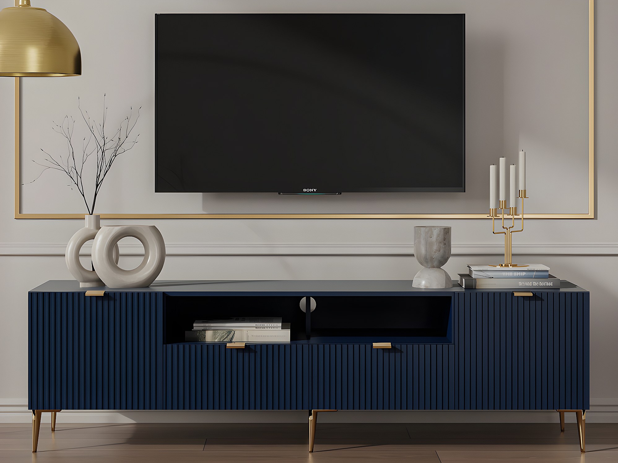 Mobile TV con 2 ante, 2 cassetti e 2 nicchie in MDF e Acciaio Blu e ...