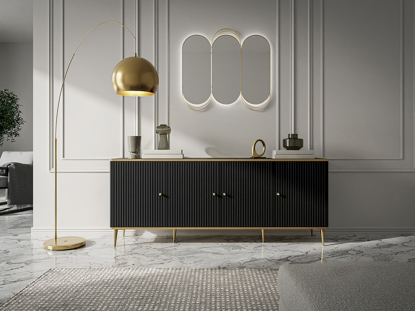 Sideboard mit 4 Türen - MDF und Stahl - Schwarz und Goldfarben - SINEAD ...