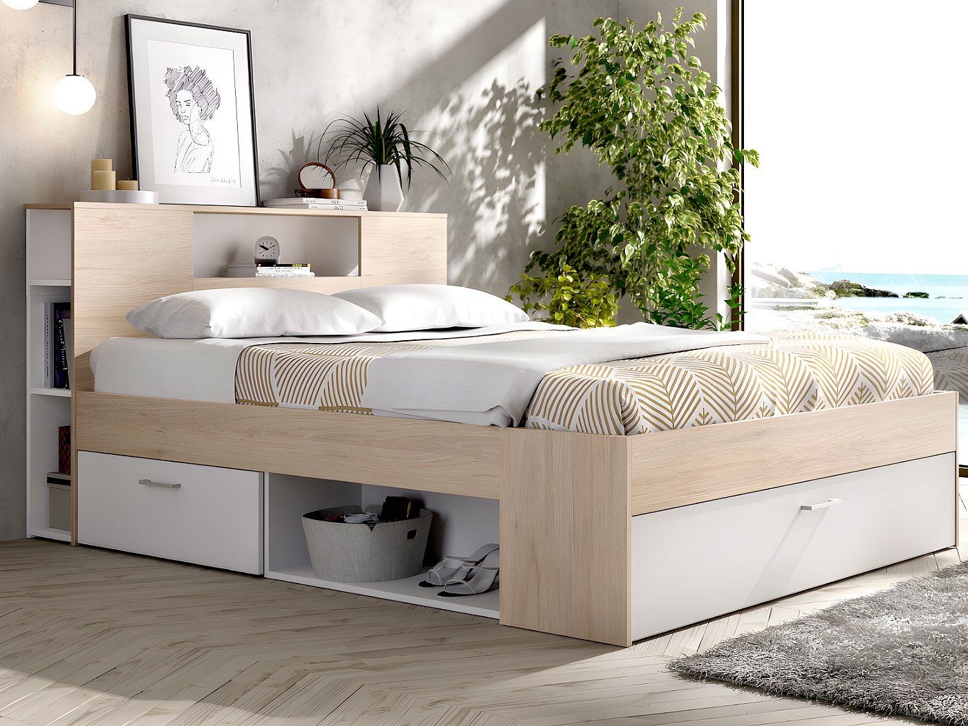 Bed met opbergruimte 140 x 190 cm Kleur: naturel en wit + bedbodem ...