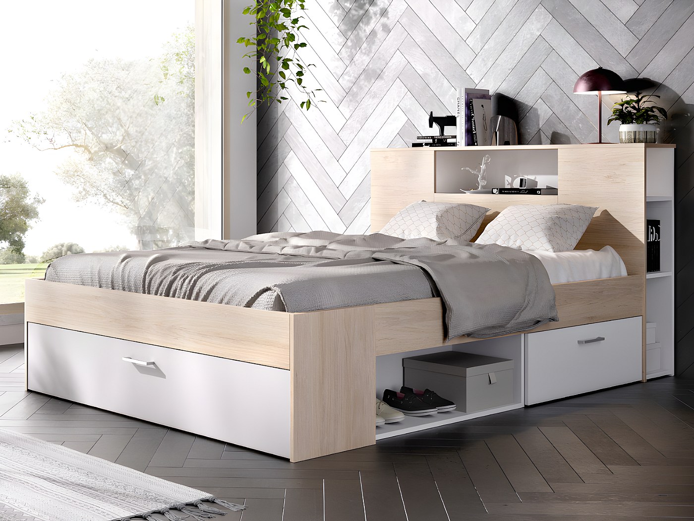 Bed met opbergruimte 160 x 200 cm Kleur: naturel en wit + bedbodem ...
