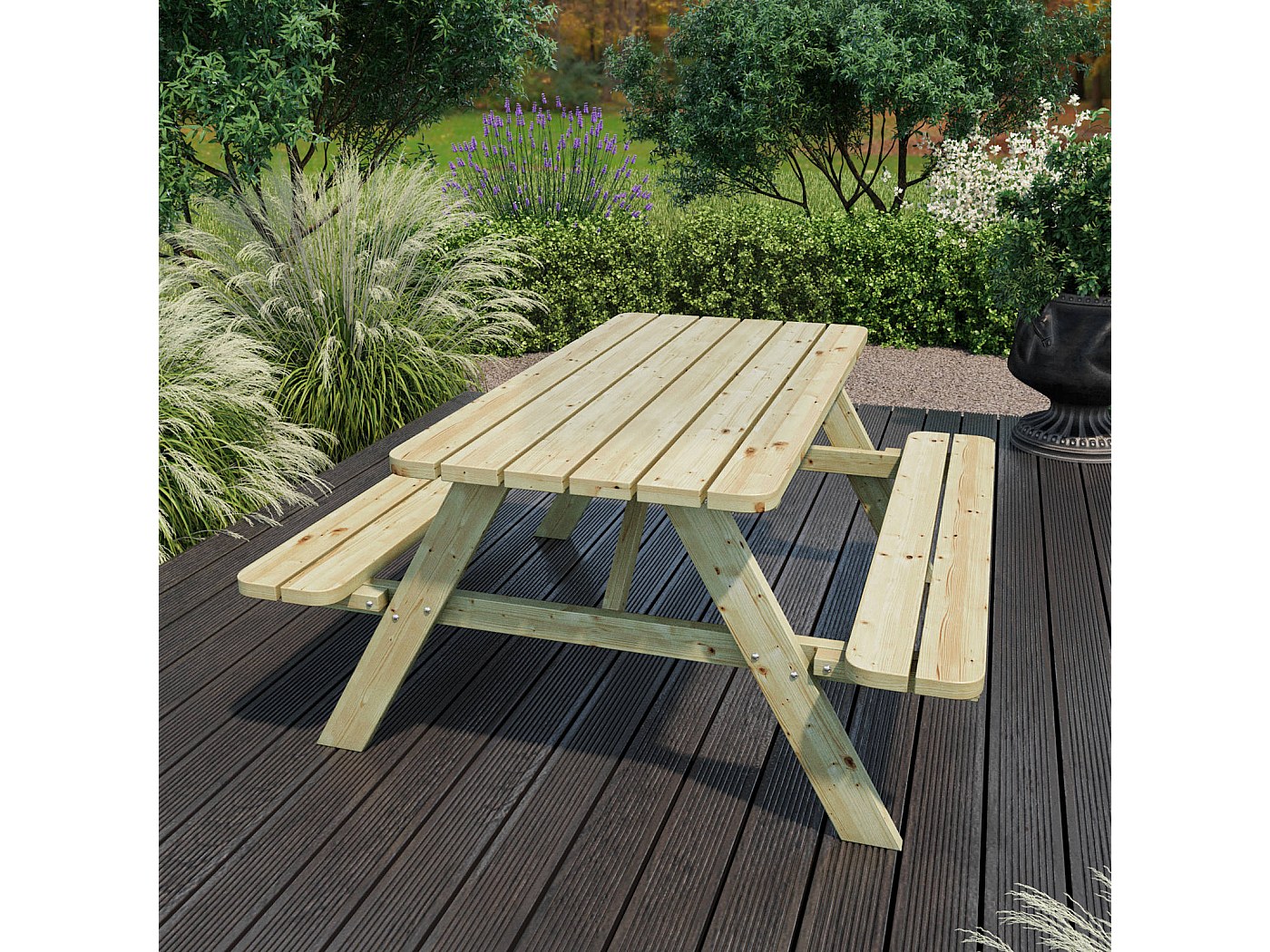 Ensemble de pique-nique extérieur avec table et deux bancs intégrés, Table avec bancs de jardin ...