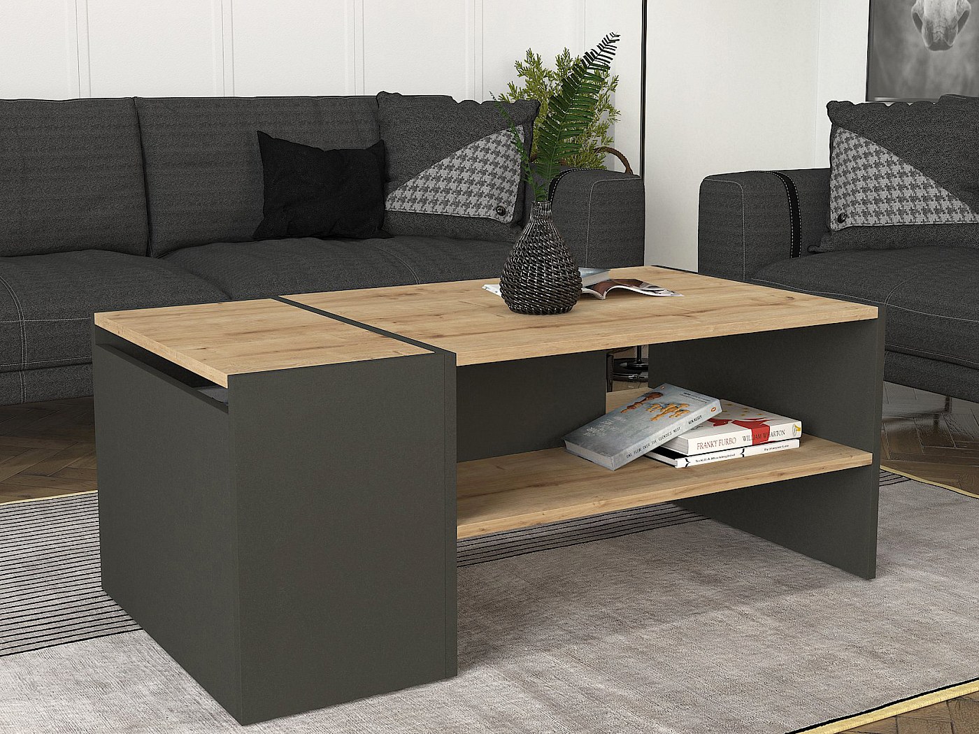 Table basse avec rangements - Anthracite et naturel - VELKAN
