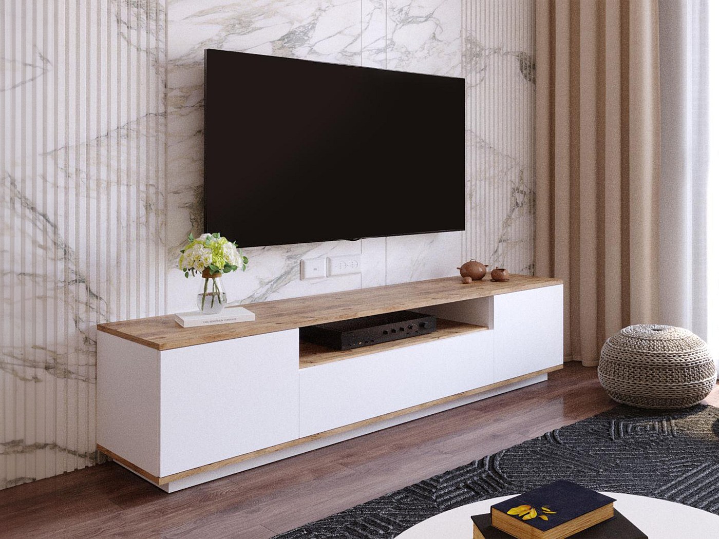 Mueble TV con 3 puertas y 1 estante - blanco y natural - LOTULA