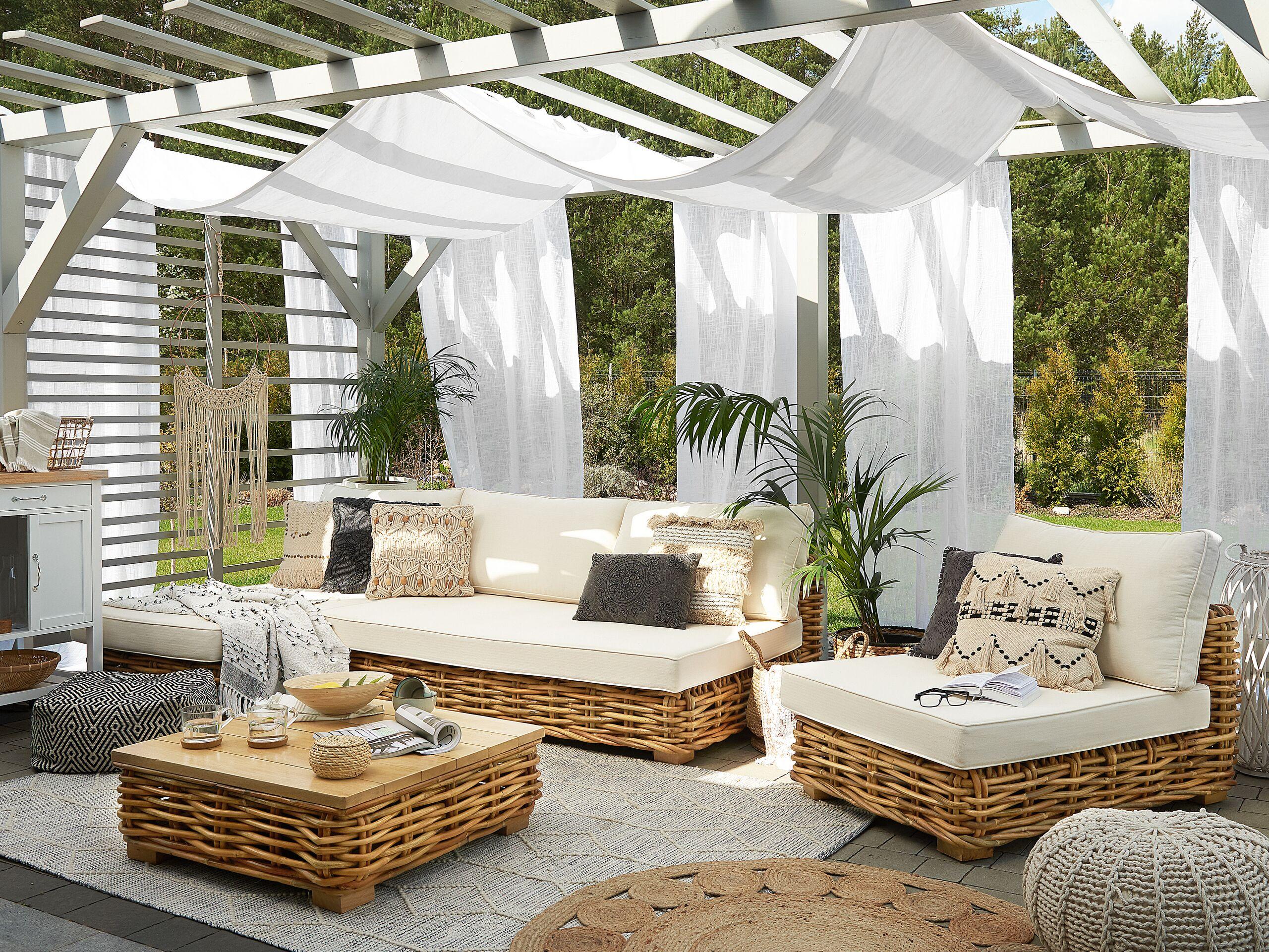 Lounge Set Rattan naturlich 4 Sitzer rechtsseitig Auflagen cremeweiB VARALLO