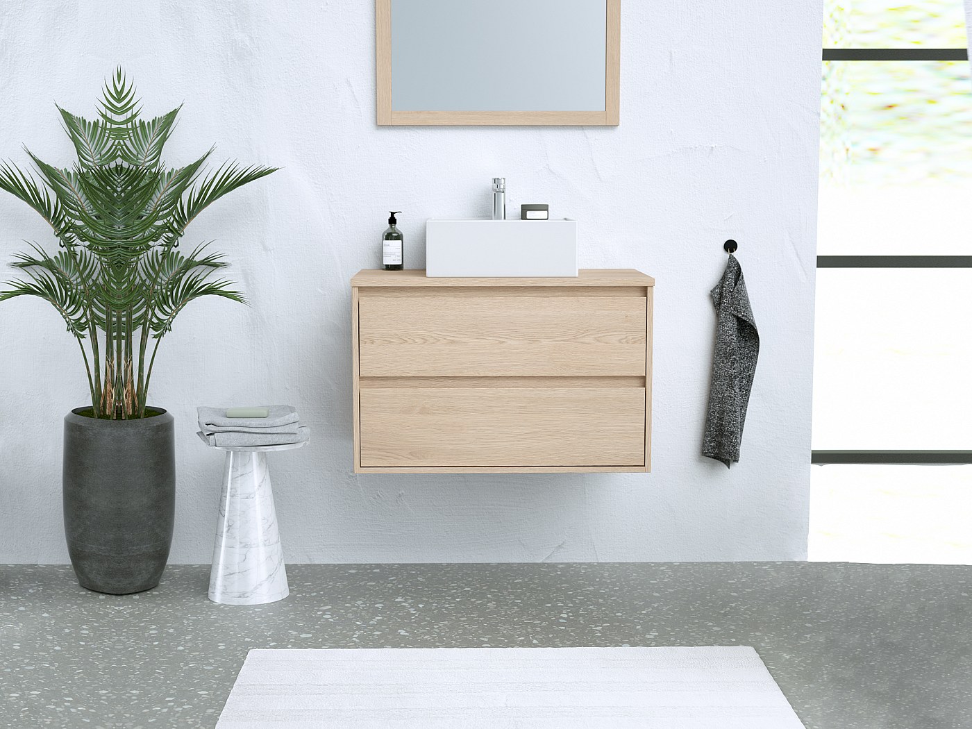 Hangmeubel voor badkamer met eikenfineer met wastafel om erop te ...