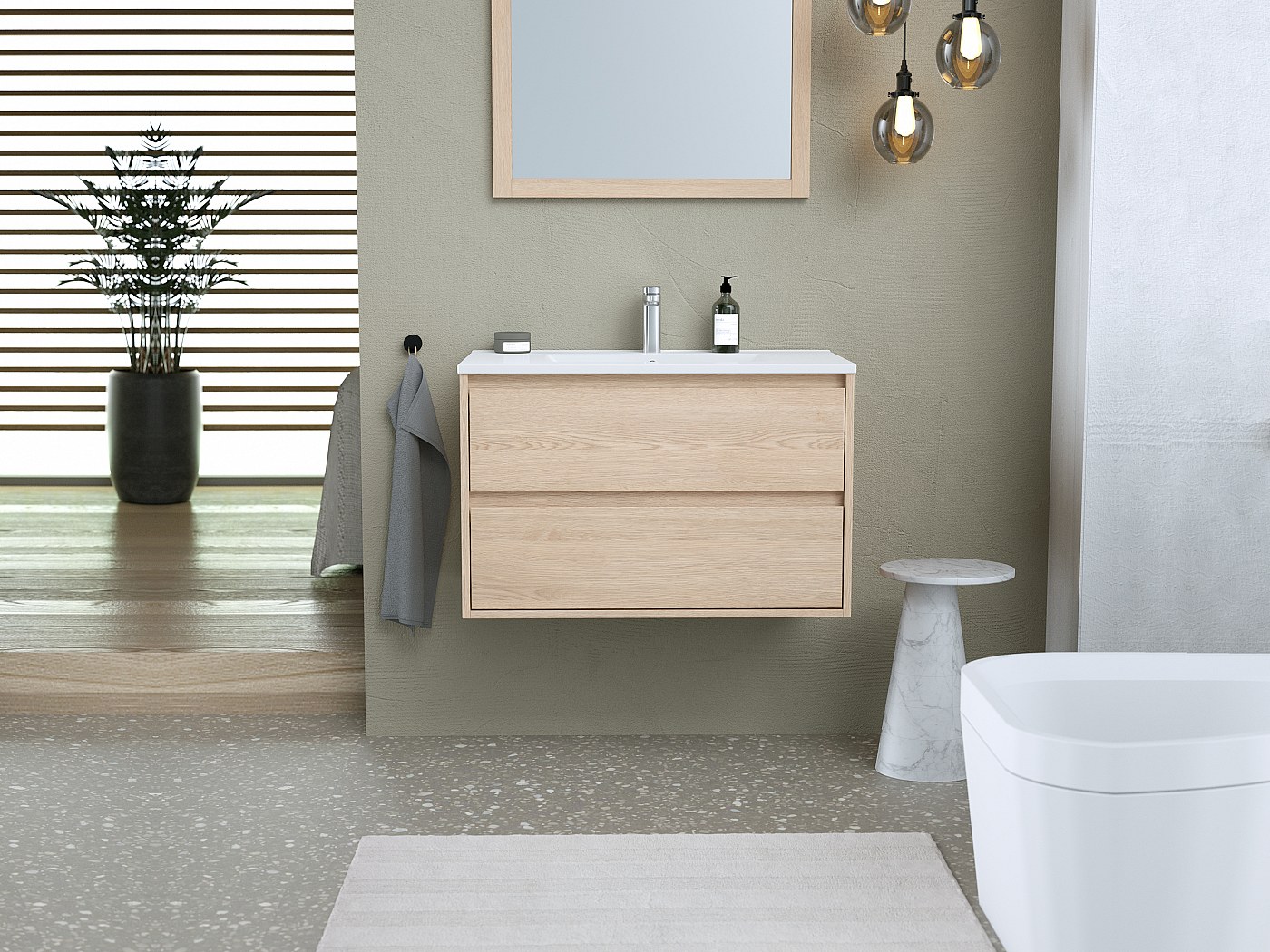 Hangmeubel voor badkamer met eikenfineer met enkele inbouwwastafel, 80 ...